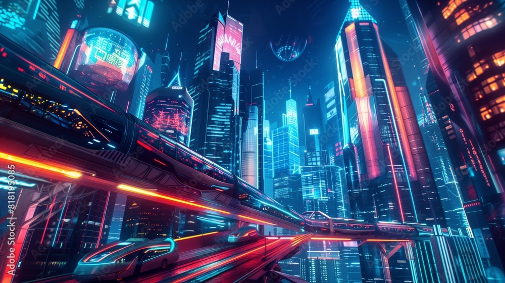 A futuristic metropolis illuminated by neon lights and holographic ...