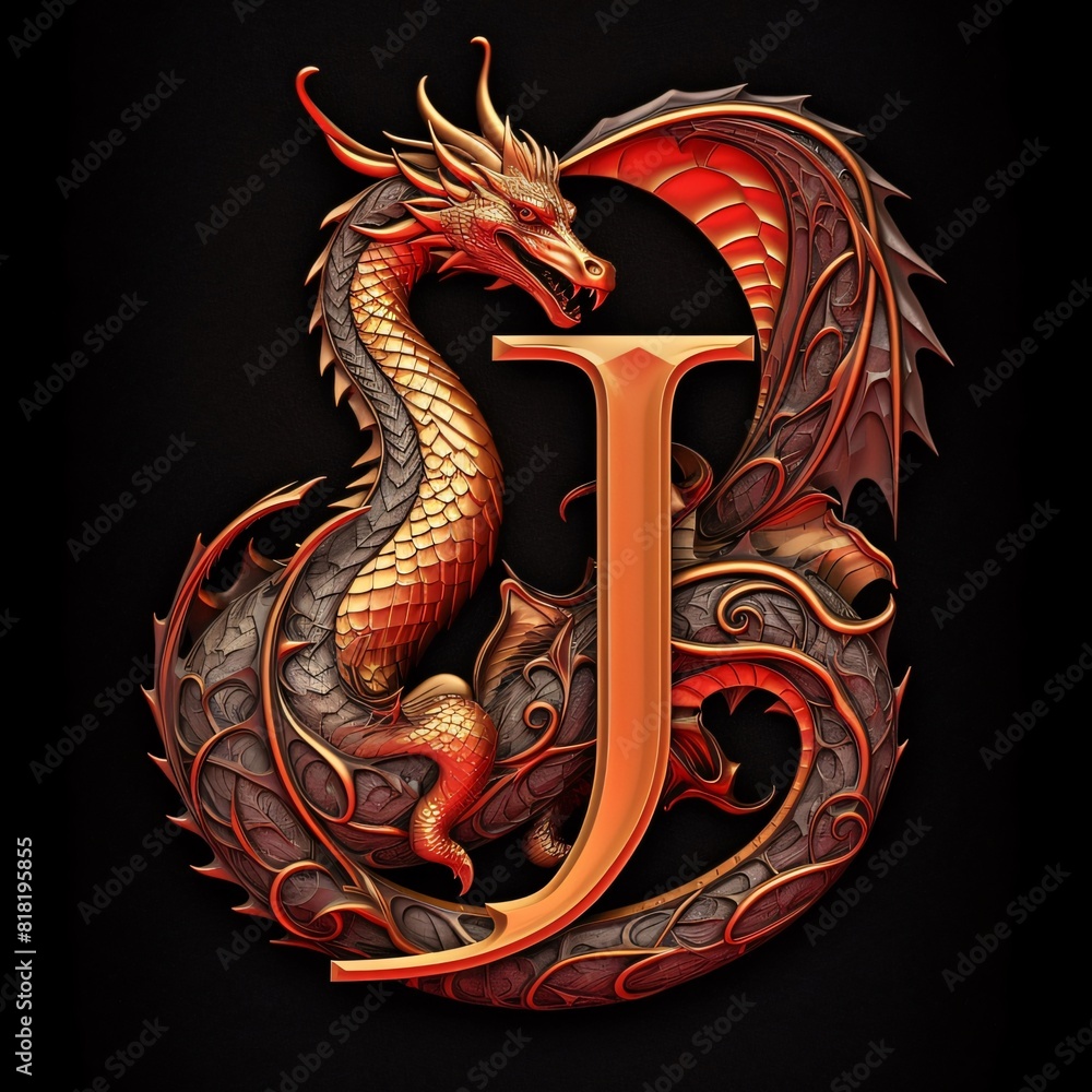 Dragon letter j on a black background. 3d render illustration. Stock ...