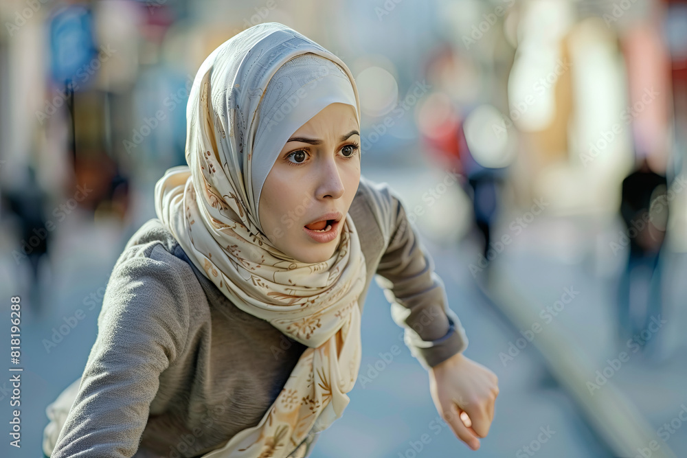 Scared Middle Eastern woman wearing a hijab, running through the ...