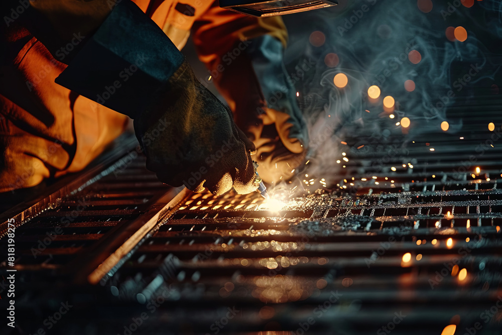 Worker skillfully welding metal grating with an acetylene torch ...
