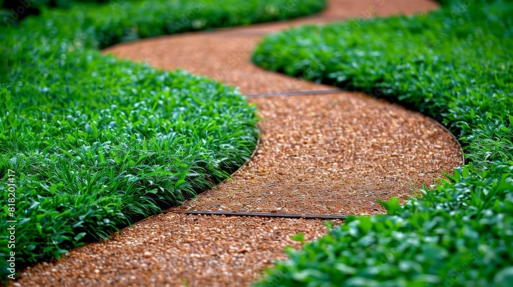 A single pathway is composed of a green grass expanse, bisected by two ...