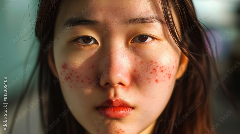 Korean woman, 30 years old. Red spots, pimples on the skin of the face ...