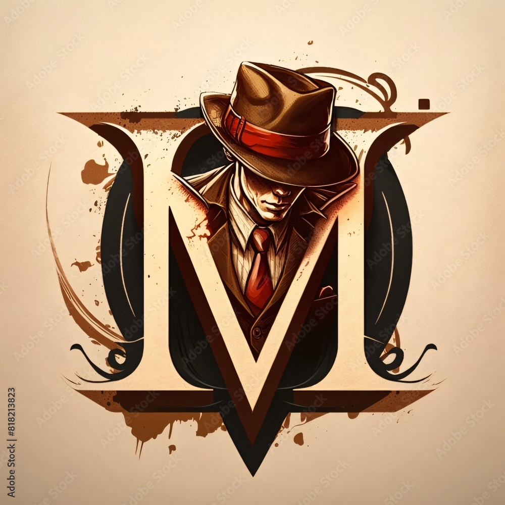Vintage letter M with a man in a hat and mustache. Stock Illustration ...