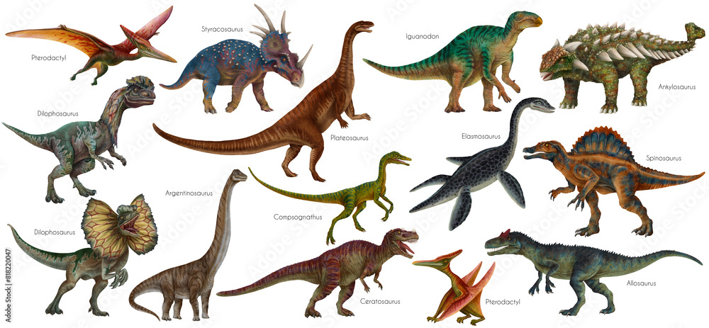 Dinosaur set. Dino illustration. Carnivores and herbivores. Allosaurus ...