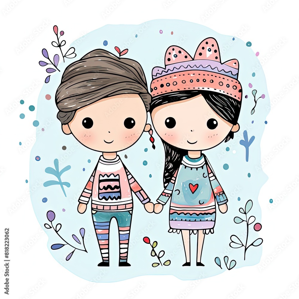 cute boho doodle cartoon illustration of lovely boy and girl couple ...