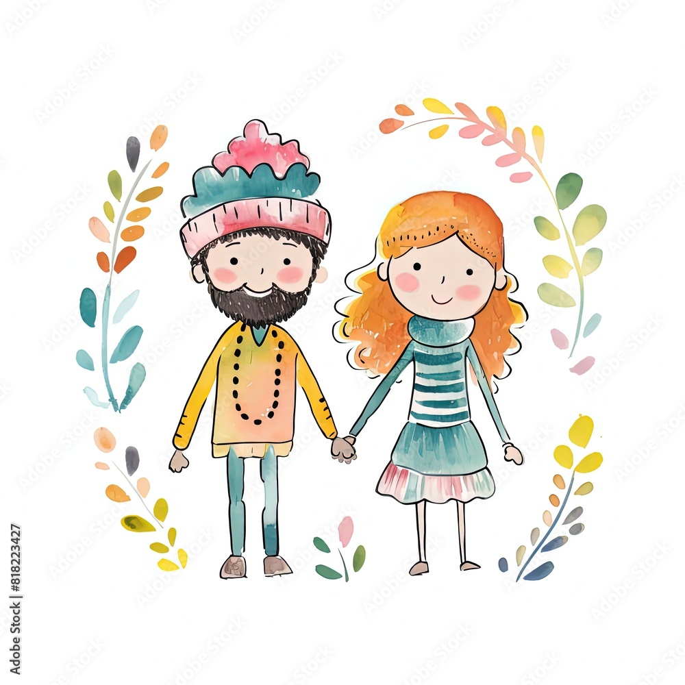 cute boho doodle cartoon illustration of lovely boy and girl couple ...