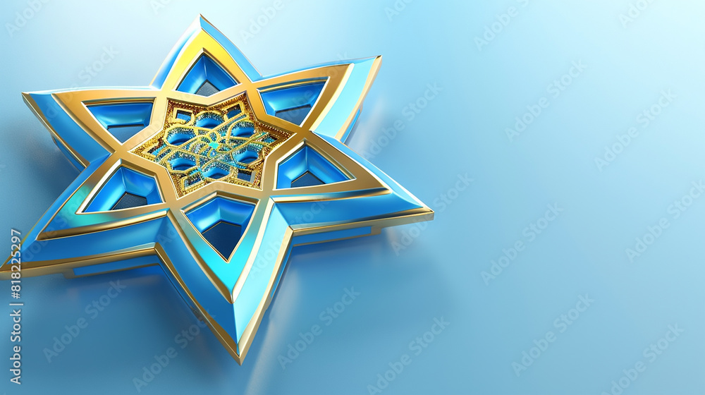 Vibrant Blue and Gold Star Motif A vibrant 3D realistic Islamic star ...