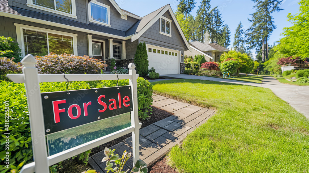 Modern house for sale with a "For Sale" sign in the front yard Stock ...