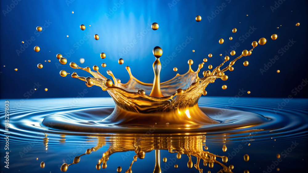 The golden liquid creates a striking splash against the deep blue ...