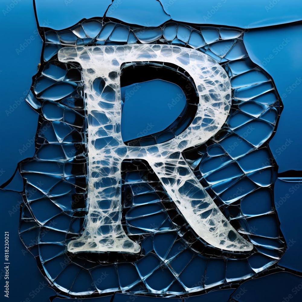 Letter R broken glass letter R broken glass on blue background. 3d ...