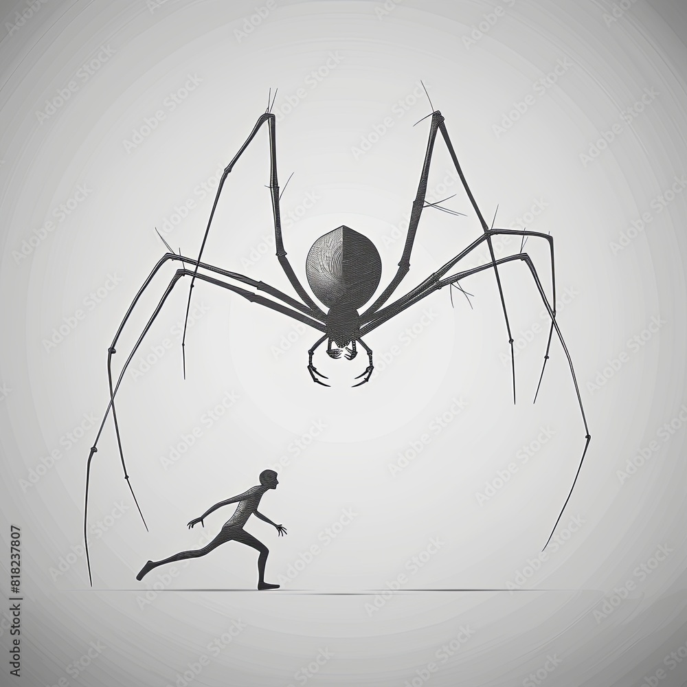 The black-and-white drawing shows a scary giant spider from which a man ...