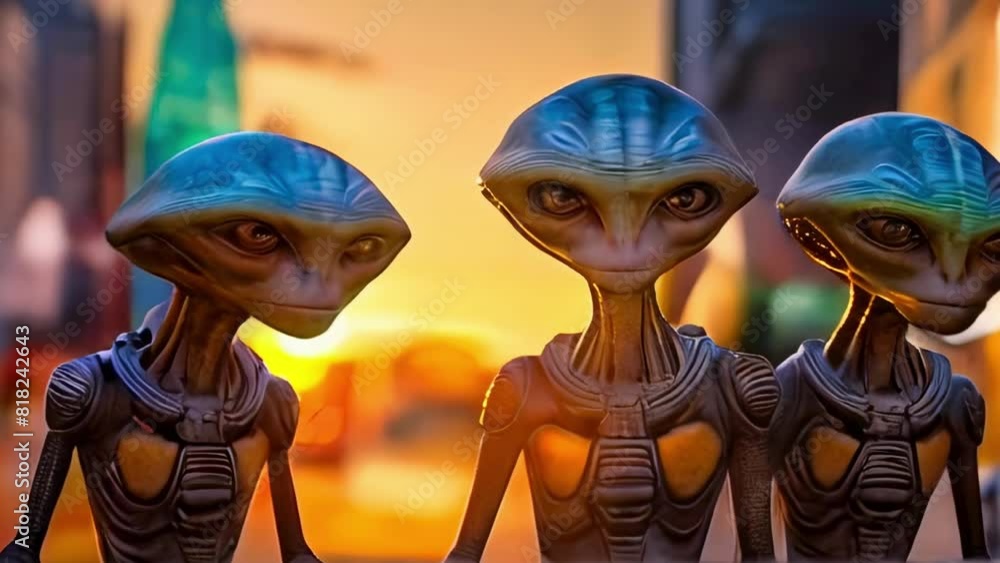 Extraterrestrial beings in an urban setting with a sunset backdrop ...