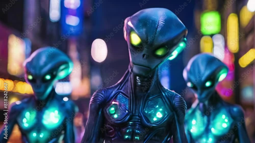 Extraterrestrial beings in a neon-lit urban environment. Group of aliens in a futuristic city at ...