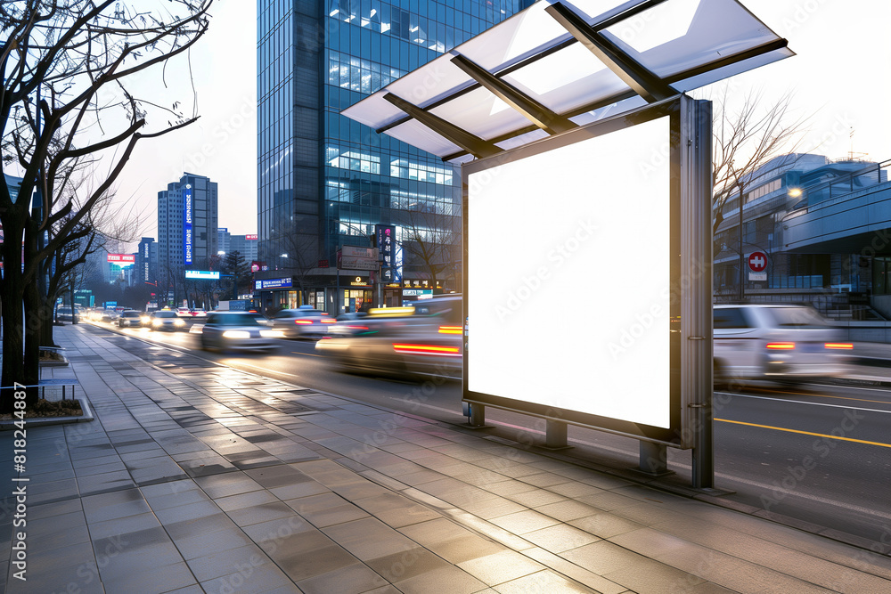 A blank white poster empty billboard mockup at an outdoor bus stop in ...