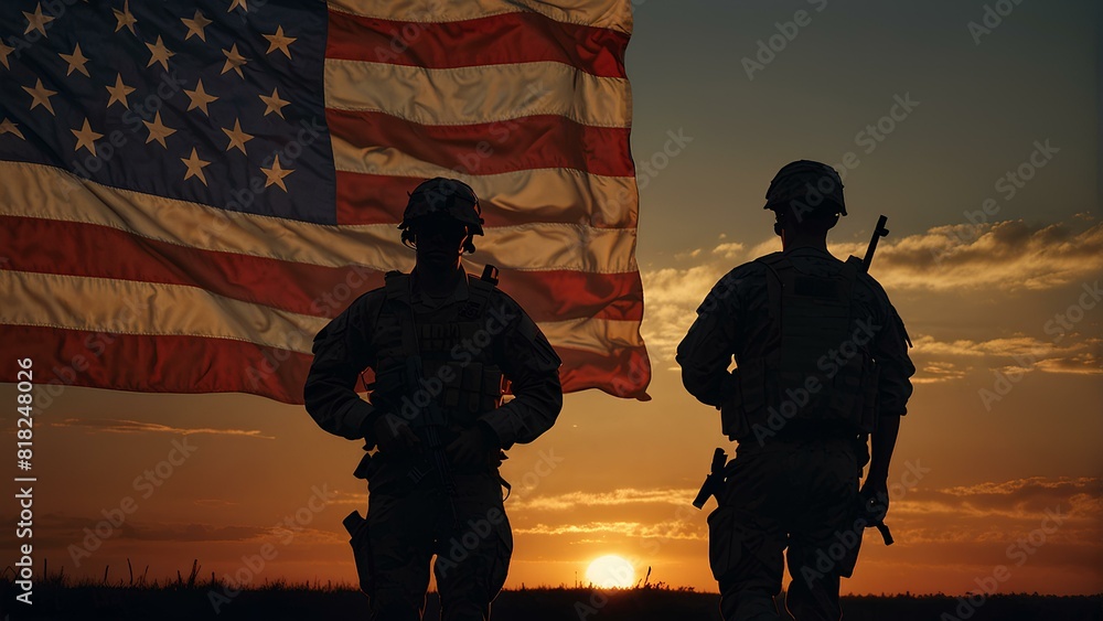 The shadows of the soldiers looking at the sunset sky, the American ...