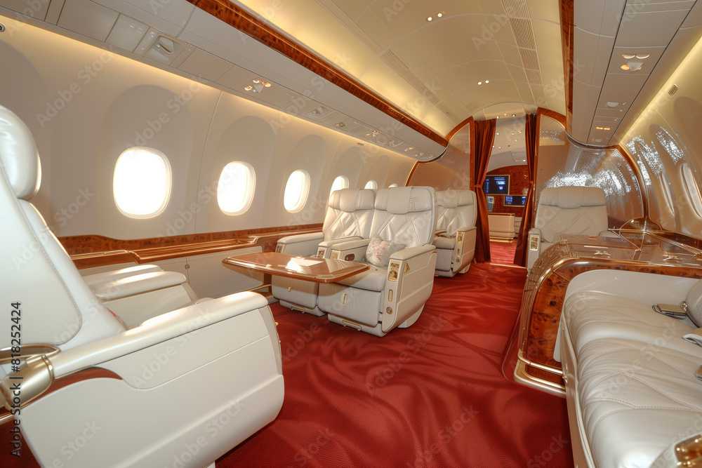 Interior view of the first class cabin in an Airbus A380, featuring ...