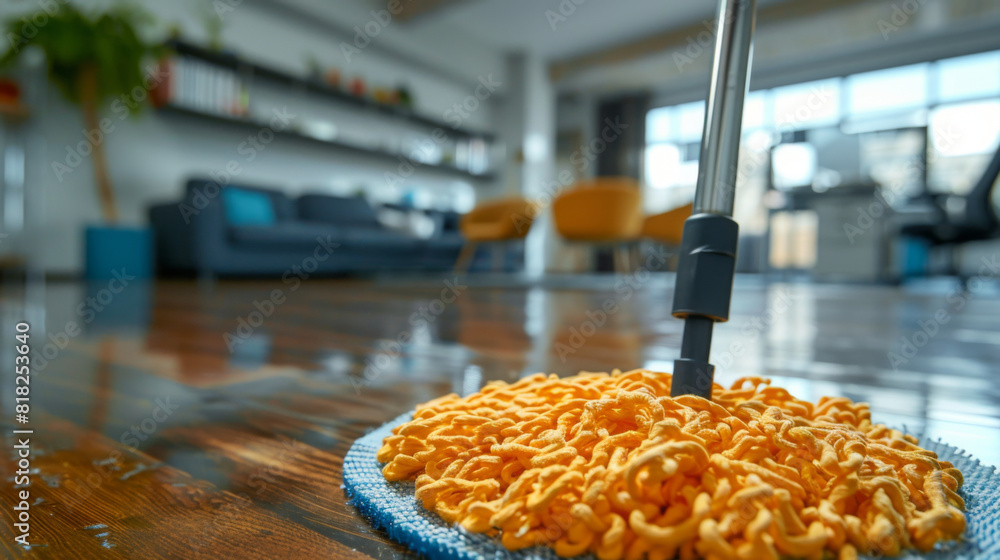 Image of a mop cleaning up a messy spill of instant noodles on a wooden ...