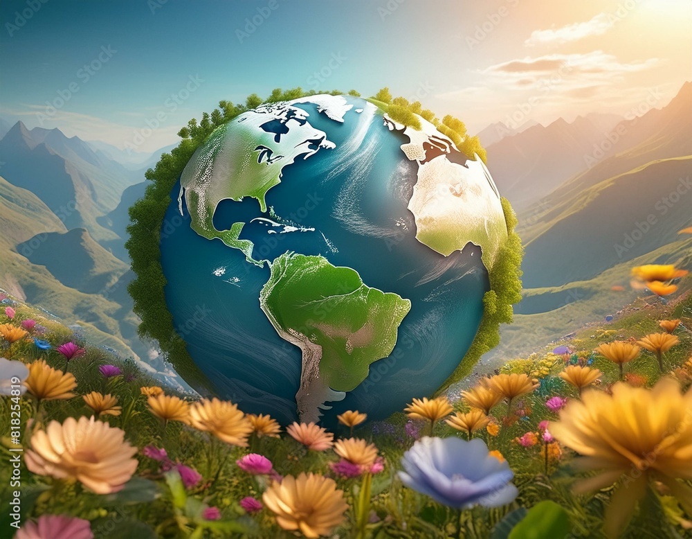 Día de la tierra, planeta tierra rodeado de naturaleza, flores rodeando ...