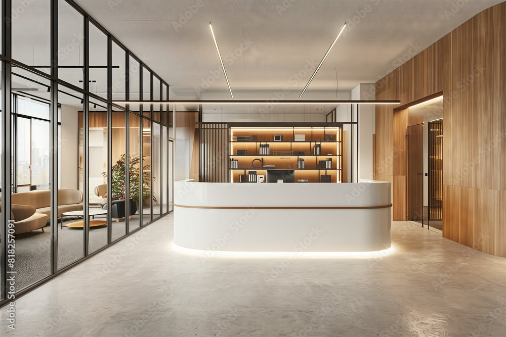 Modern office reception area with a white desk, glass walls, and wooden ...