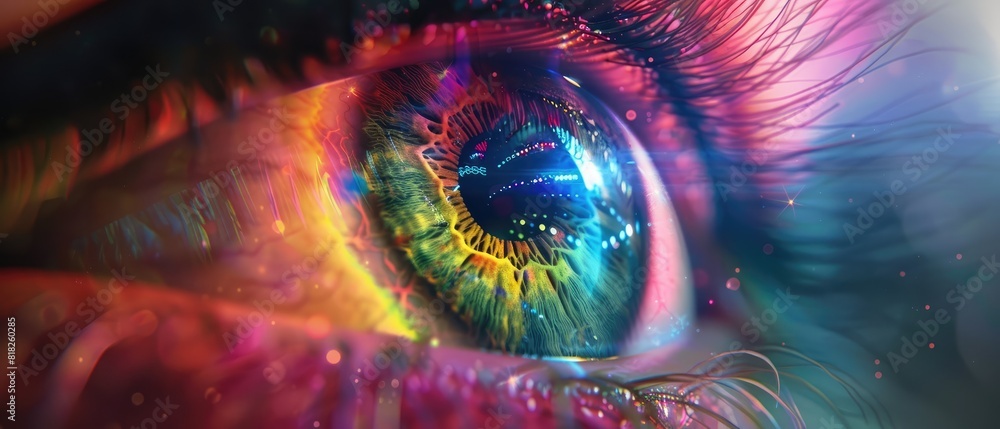 human multicolored iris of the eye animation concept rainbow lines ...