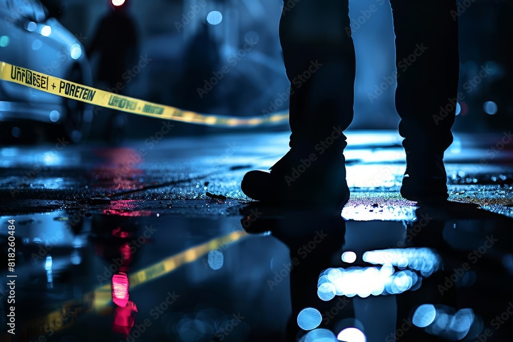 silhouette of fallen body outline at crime scene police tape murder ...