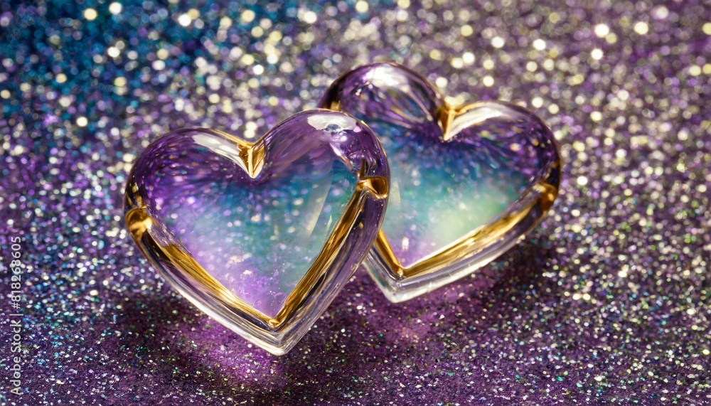 dois corações de vidro brilhante e glitter, tema dia dos namorados ...