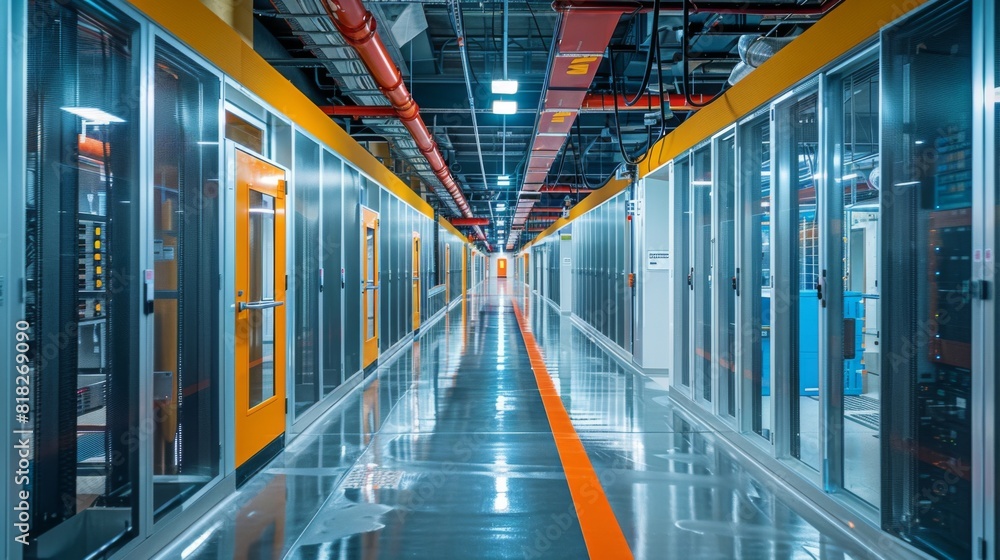 Data center hallway with rows of servers and overhead cable management ...
