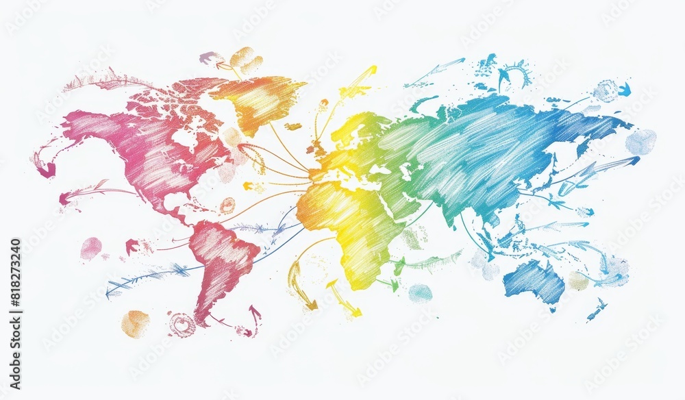 A hand-drawn world map with arrows connecting different continents ...