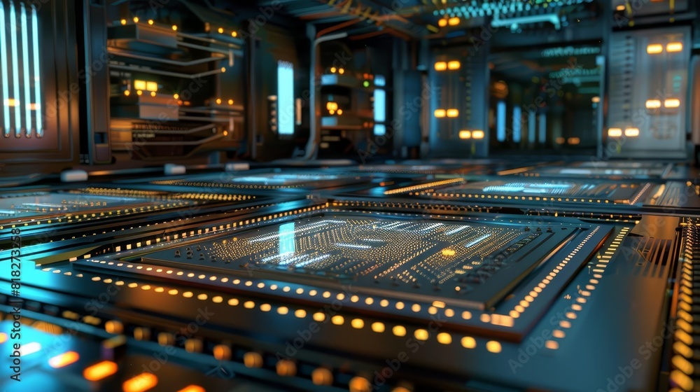 advanced supercomputer processor server room with quantum computing silicone chips 3d ...