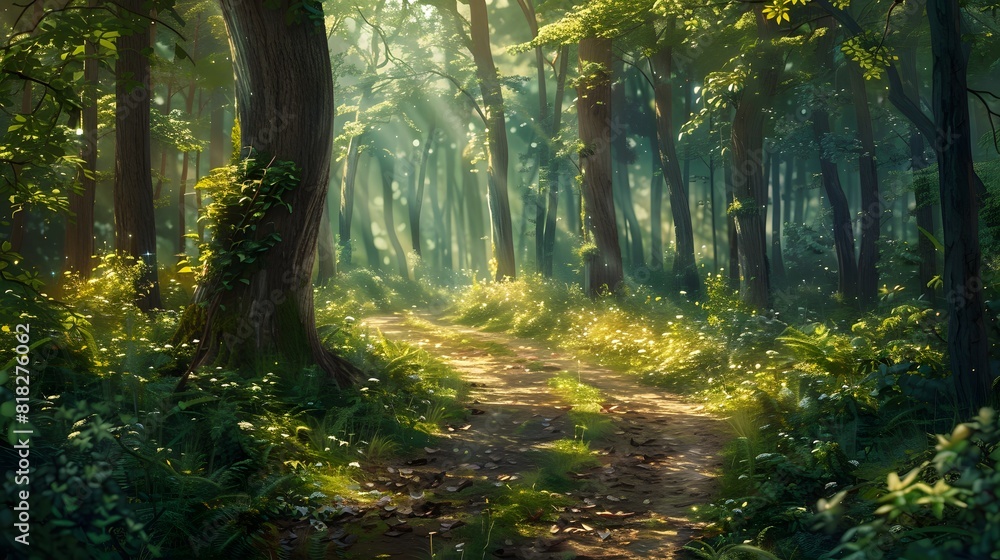 A winding forest path meanders through towering trees, dappled sunlight ...