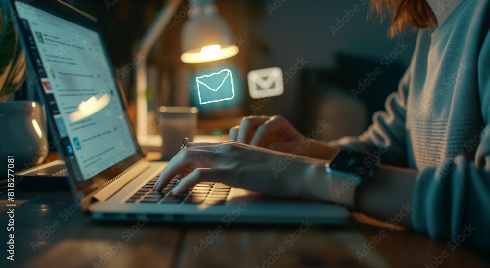 A person typing on their laptop, with an mailbox icon showing in the ...