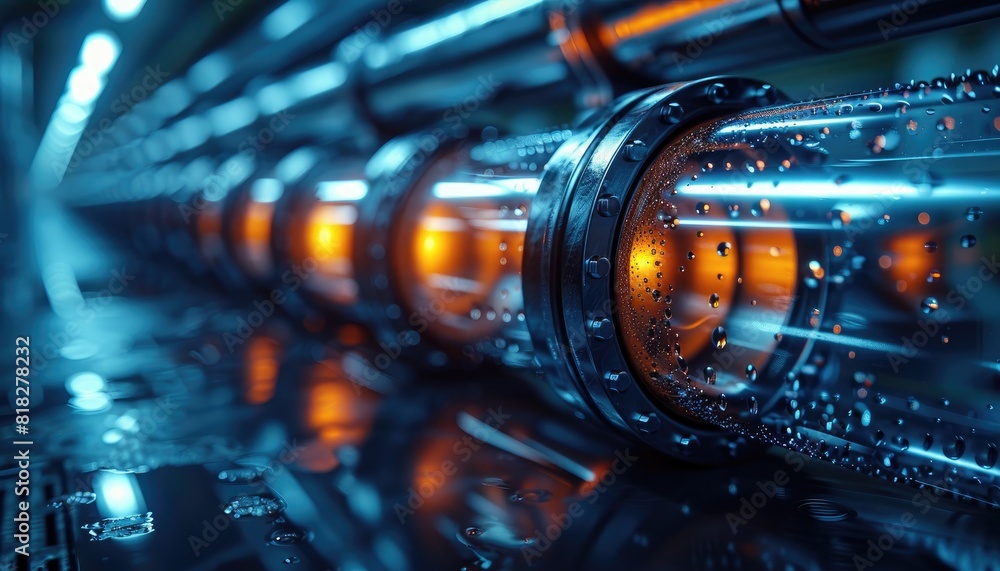 Futuristic pipeline with glowing orange elements and droplets ...