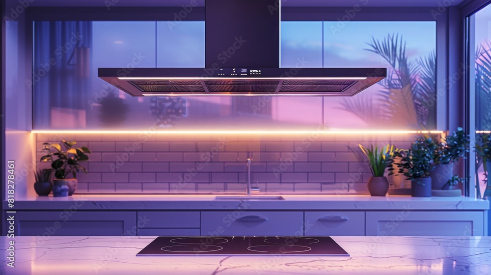 High-detail illustration of a modern kitchen with an induction cooktop ...