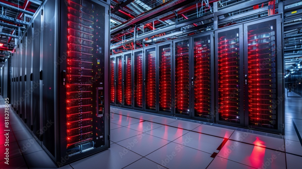 High-detail photo of a data center with modular server racks and ...