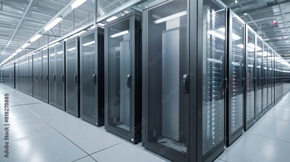 High-detail photo of a data center with modular server racks and ...