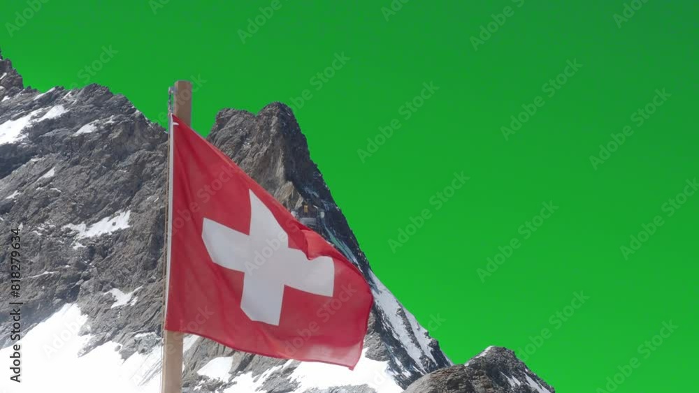 Swiss flag blow and mt.Jungfraujoch against green screen background ...