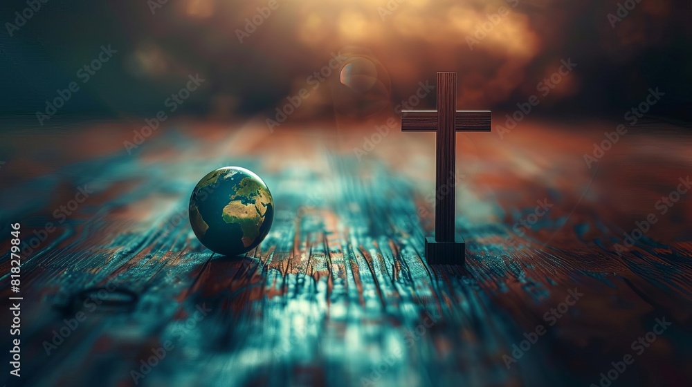 christian cross and earth globe on wooden floor conceptual image of ...