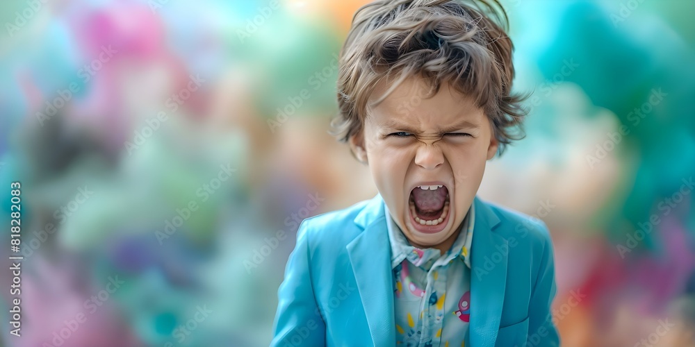 Angry boy in blue suit on pastel background expressing emotions through ...