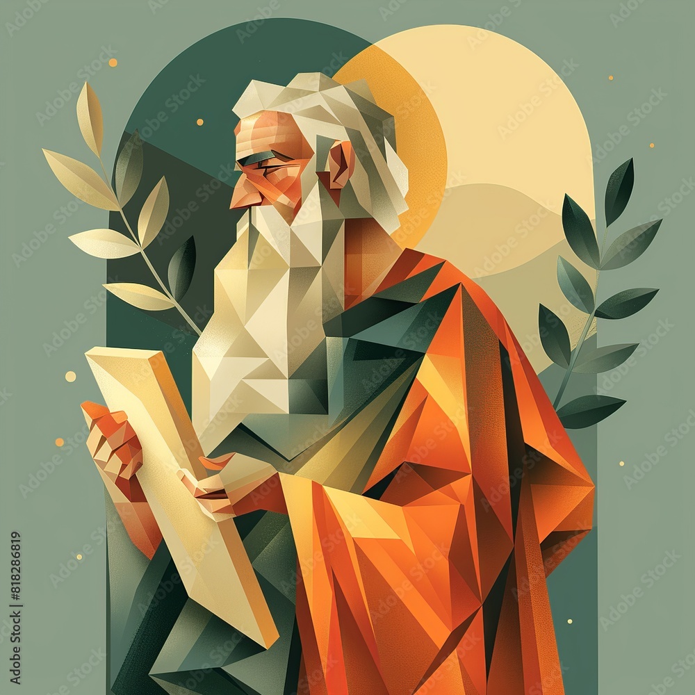 A minimalist artwork depicting Moses descending from Mount Sinai with ...