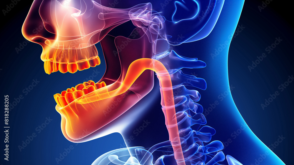 Anatomical illustration of a human head and neck, highlighting the ...