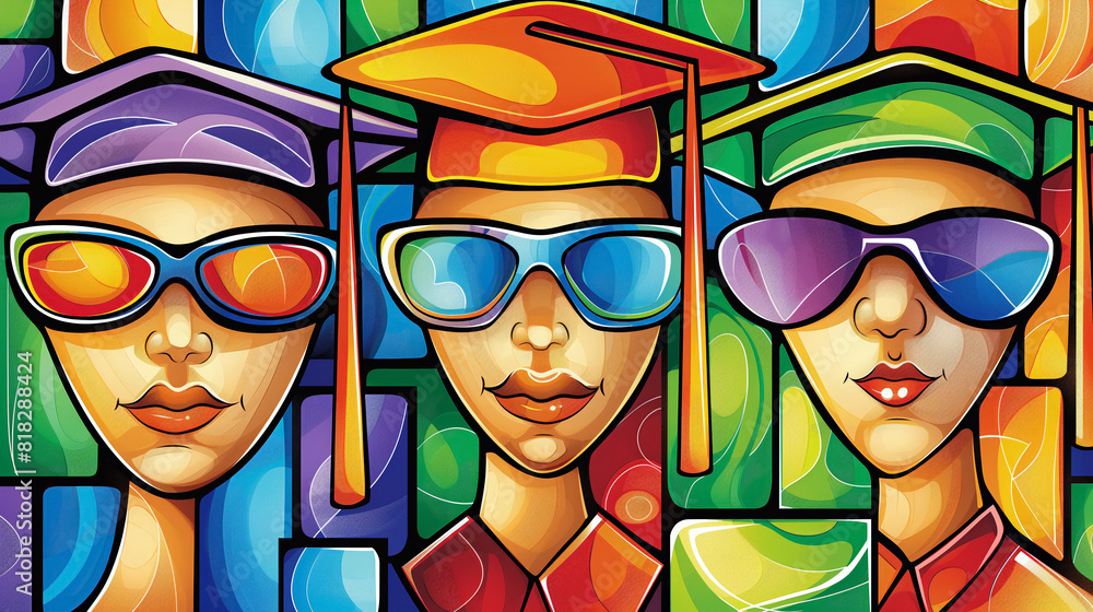 Abstract artwork features three figures wearing graduation caps and ...