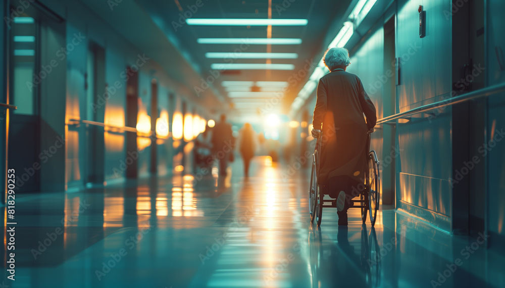 Elderly patient using a walker in a welllit hospital hallway ...