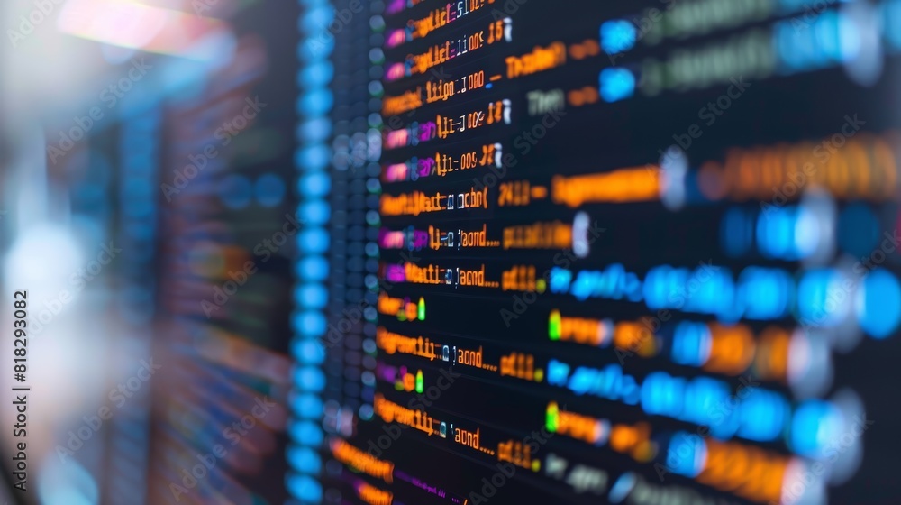 Blurry code lines on computer screen in server room. Close-up ...