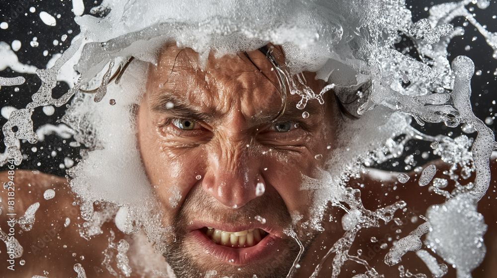 Man with intense eyes and a determined expression, covered in soap suds ...