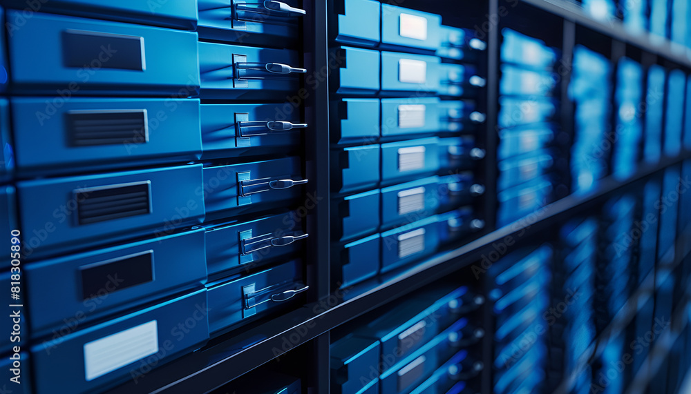 Digital archive. One of storage racks covered folder icons and toned in ...