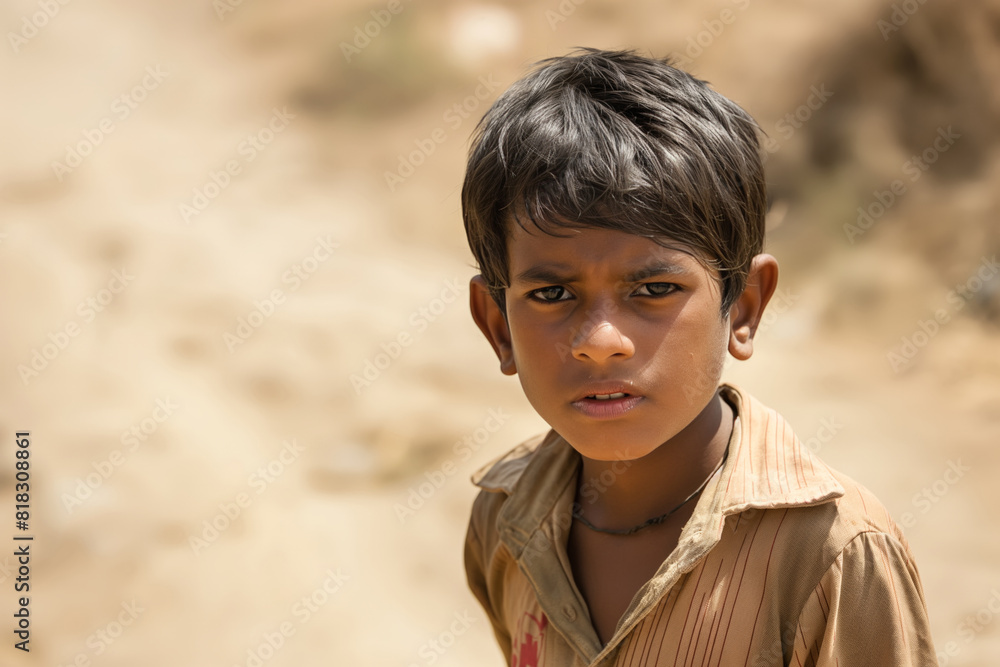 Portrait of a young boy with a serious expression, standing in a rural ...