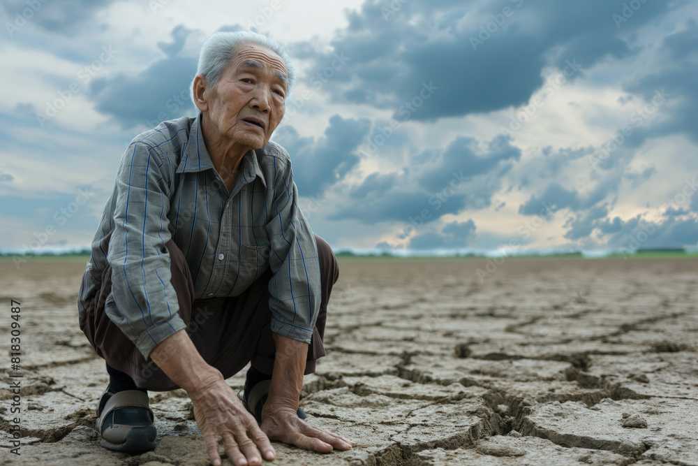 Thoughtful elderly man crouches on parched soil, with a backdrop of a ...