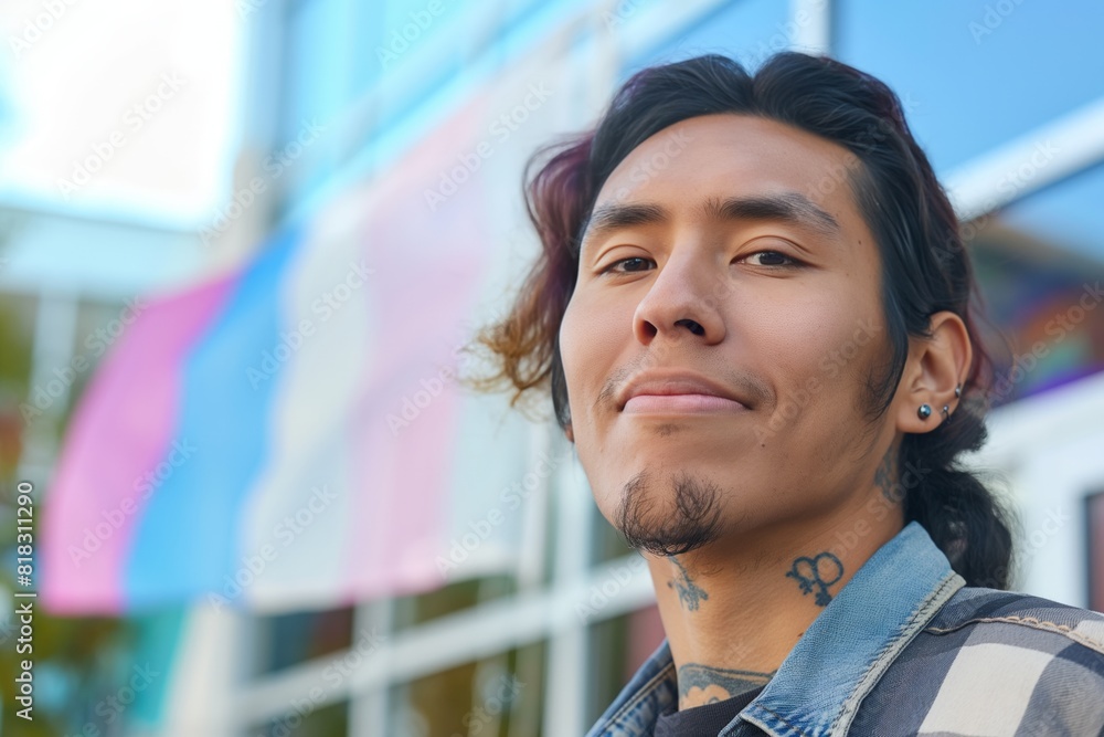 A confident person with a slight smile and tattoos on their neck stands ...