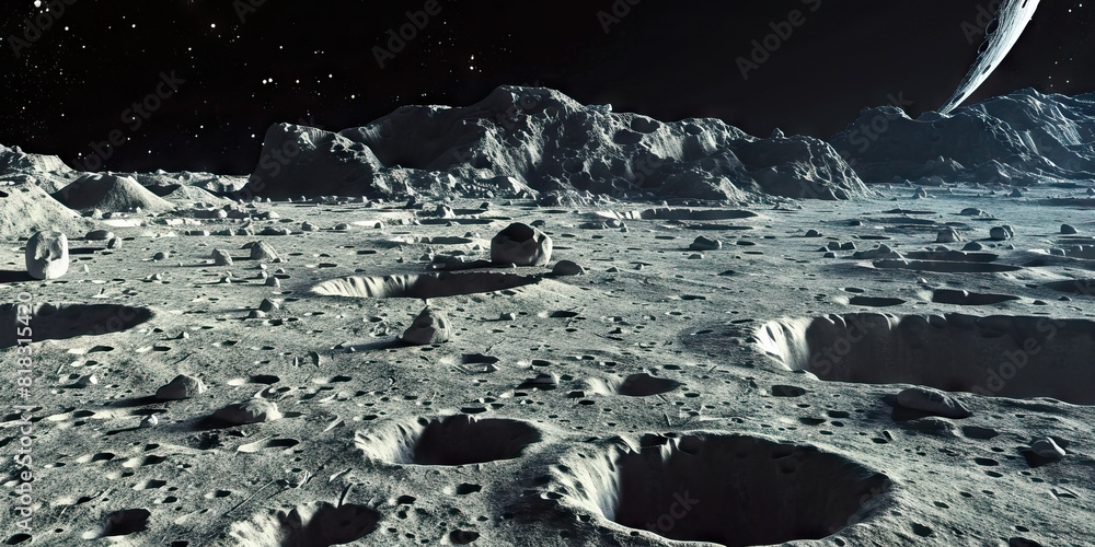 A surreal lunar terrain unveils itself, dotted with craters and ...