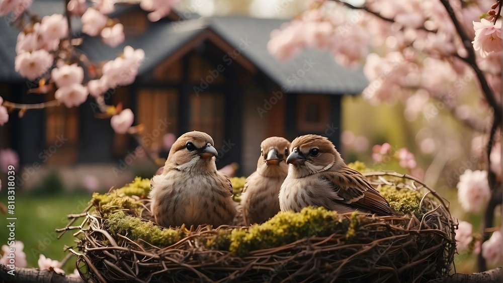 Heart shaped nest with two sparrow birds. Modern house cherry blossom ...